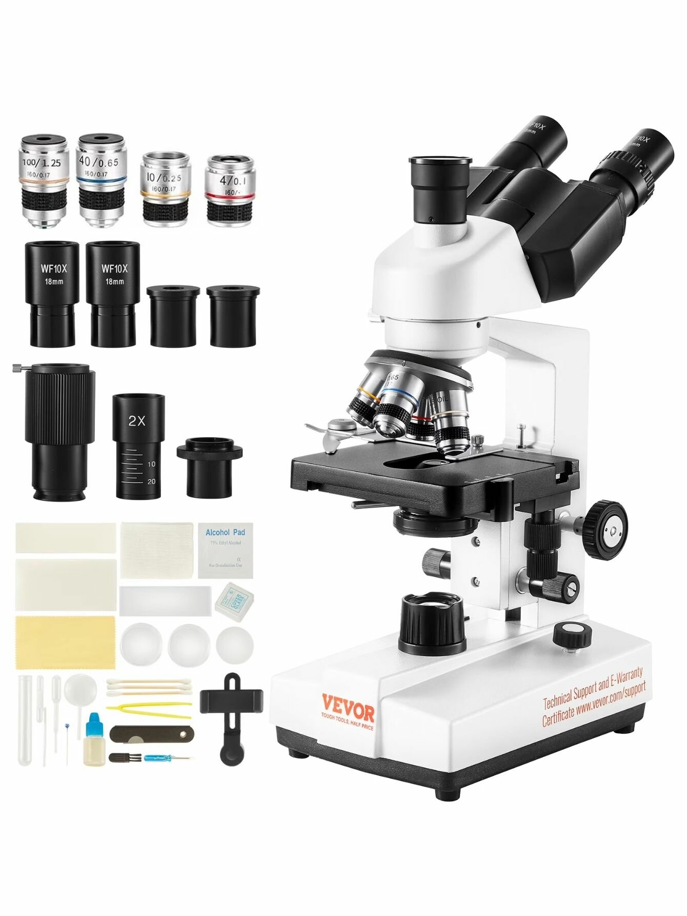 Триокулярный компаундный микроскоп VEVOR 40-5000x (лабораторный): двухслойная механическая платформа, внешний интерфейс, освещение LED, в комплект входят препаратные стекла