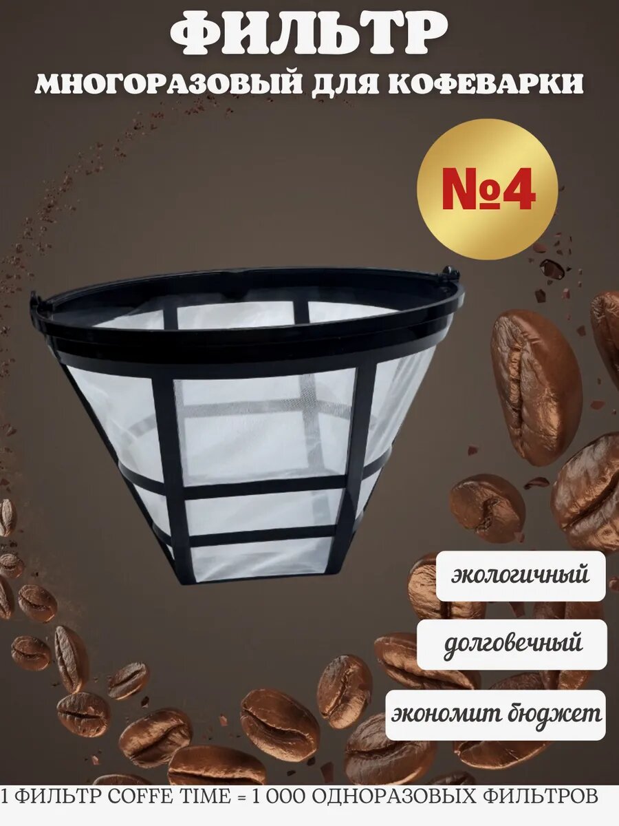 Фильтр CoffeeTime №4, для капельных кофеварок, многоразовый, 1 шт