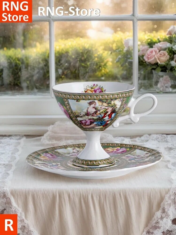 Сервиз чайный "(Высокая ножка - чашка с голубой розой) Маленькая талия - Набор кофейных чашек и блюдец" 180 мл на 1 перс.