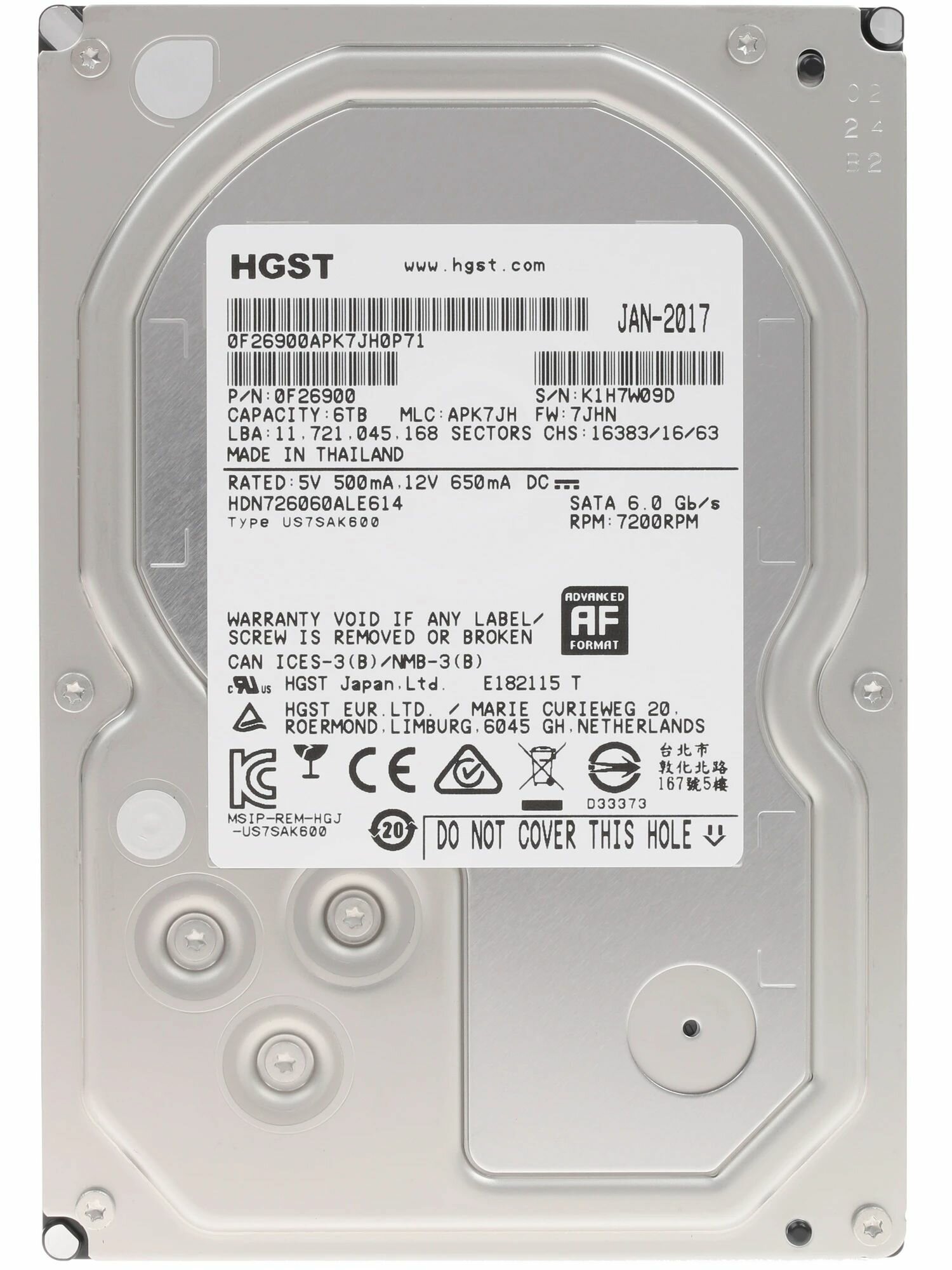 3.5" жесткий диск HGST (HDN726060ALE614) 6ТБ, 7200Об/мин, 128МБ