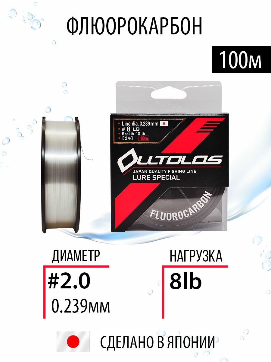 Леска рыболовная флюрокарбон YGK X-Braid Olltolos FC 100m #2.0/0.239mm 8lb/10lb прозрачная летняя