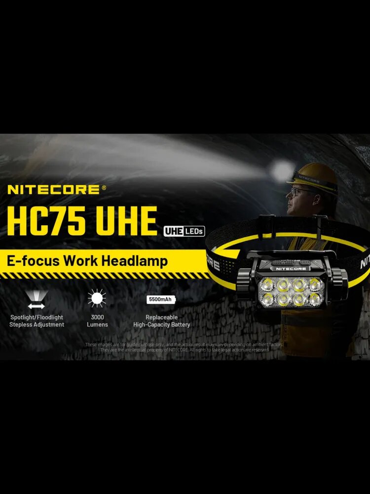 Налобный фонарь Nitecore HC75 UHE, 3000 люмен, E-focus Work Headlamp, аккумулятор