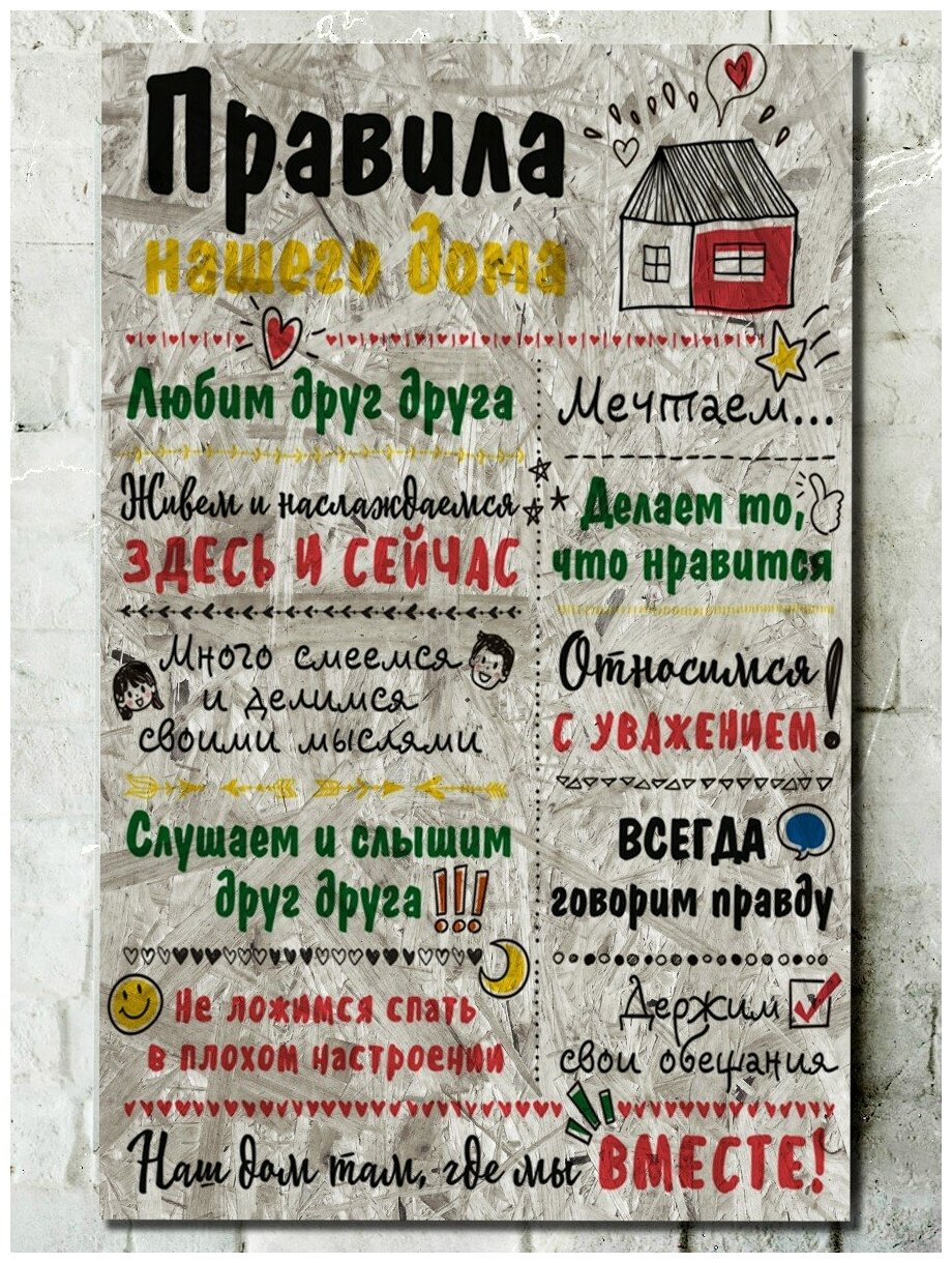 Картина интерьерная на рельефной доске Правила нашего дома (постер) - 547