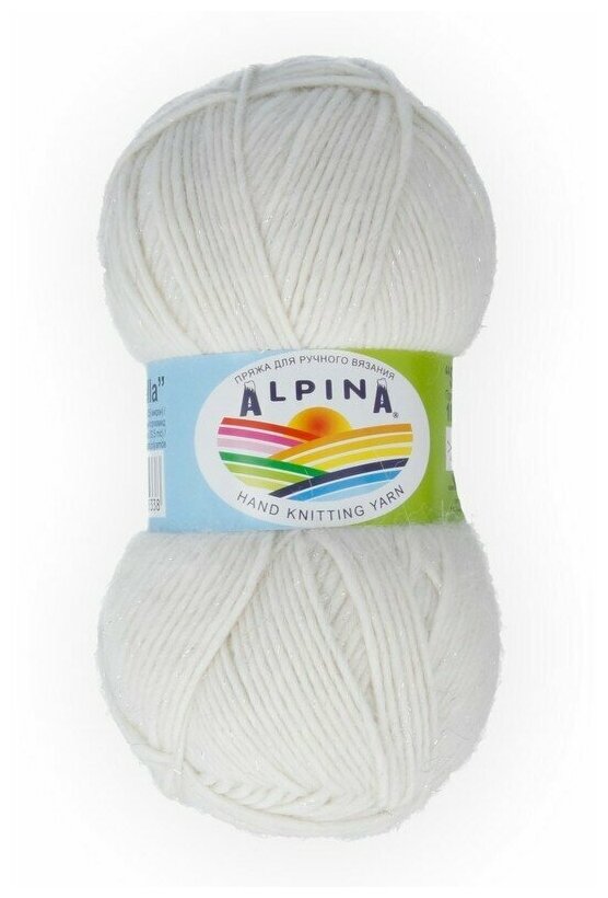 Пряжа Alpina "STELLA" 3 шт. по 100 г 50% альпака, 45% мериносовая шерсть, 5% металлизированный полиамид с люрексом 250 м №80 белый (натуральный)
