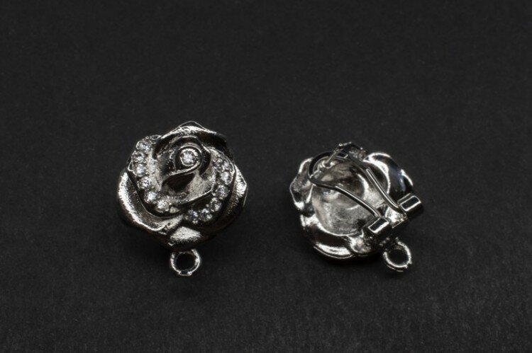 Гвоздики основы для серег Роза 18х15х0,7мм, отверстие 2мм, цвет серебро, латунь/цирконий, 21-148, 1 пара