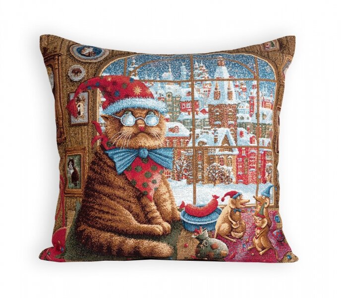 Подушка Декоративная Гобеленовая 45х45 "Кот и мыши" Для Интерьера, чехол съемный