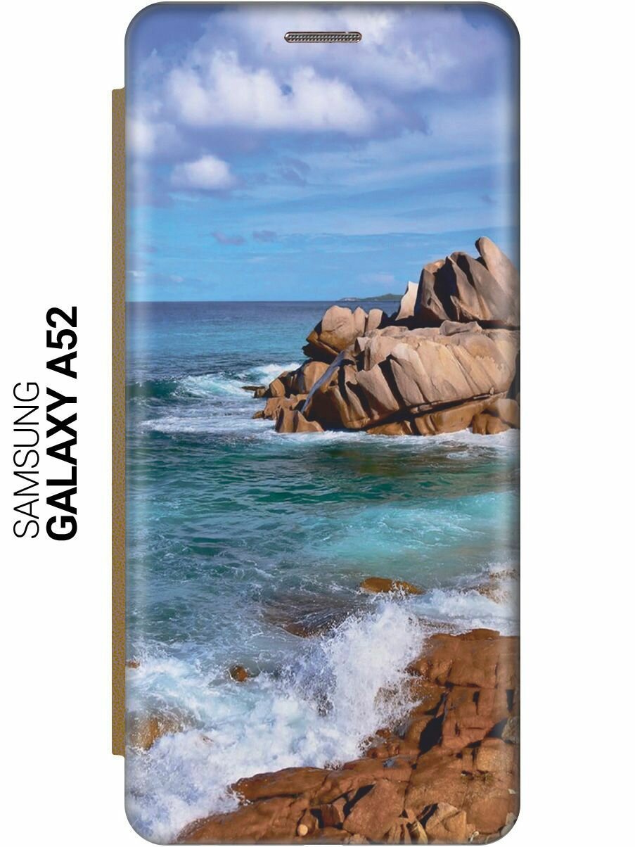 Чехол-книжка на Samsung Galaxy A52, Самсунг А52 c принтом "Скалистый берег" золотистый