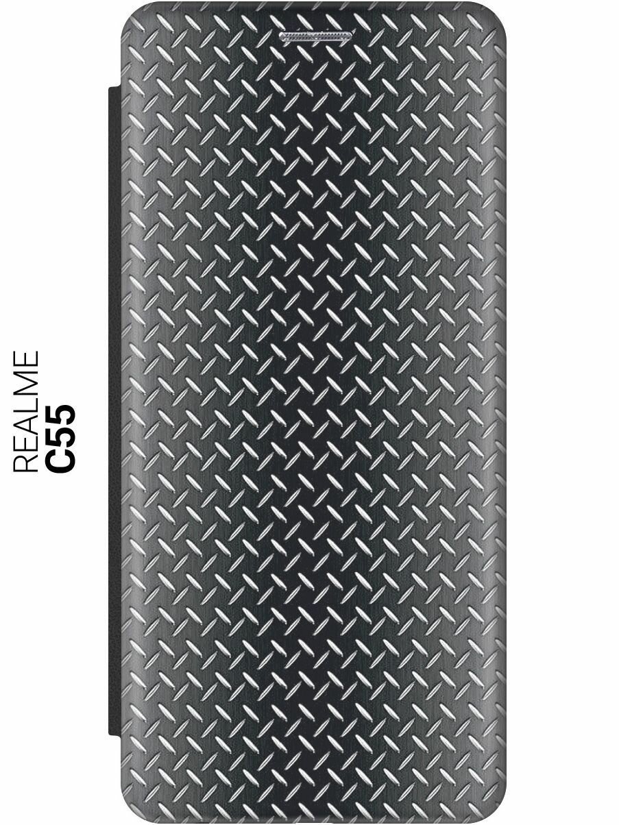 Чехол-книжка на Realme C55, Рилми С55 c принтом "Металлическая пластина" черный