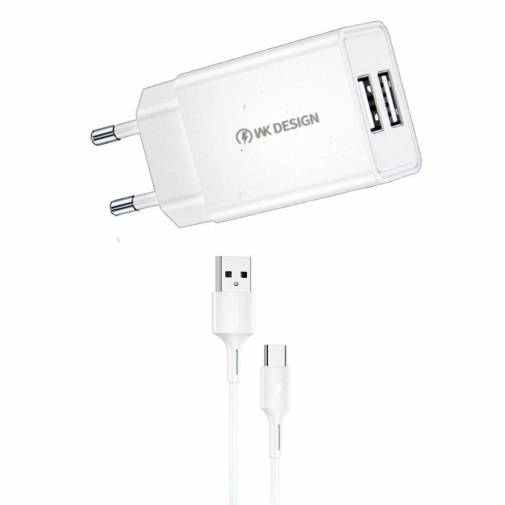 Сетевое зарядное устройство (адаптер) WK WP-U119a, 2 порта USB-А, 2А, кабель USB Type-C в комплекте, 1 метр, белый