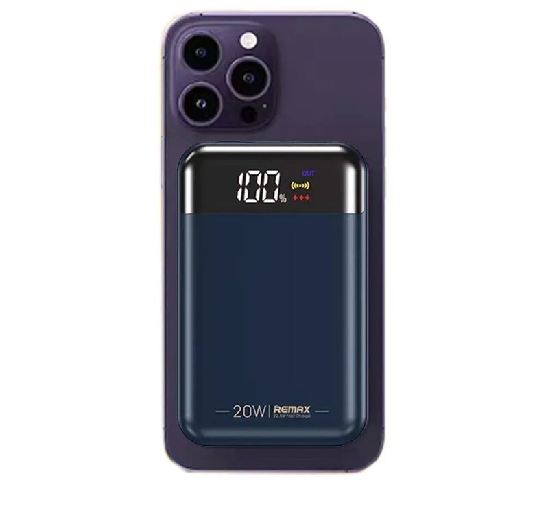 Внешний аккумулятор-липучка для беспроводной зарядки REMAX Potent With Color Display, Qi15W/PD20W/SCP22.5W, Темно-Синий