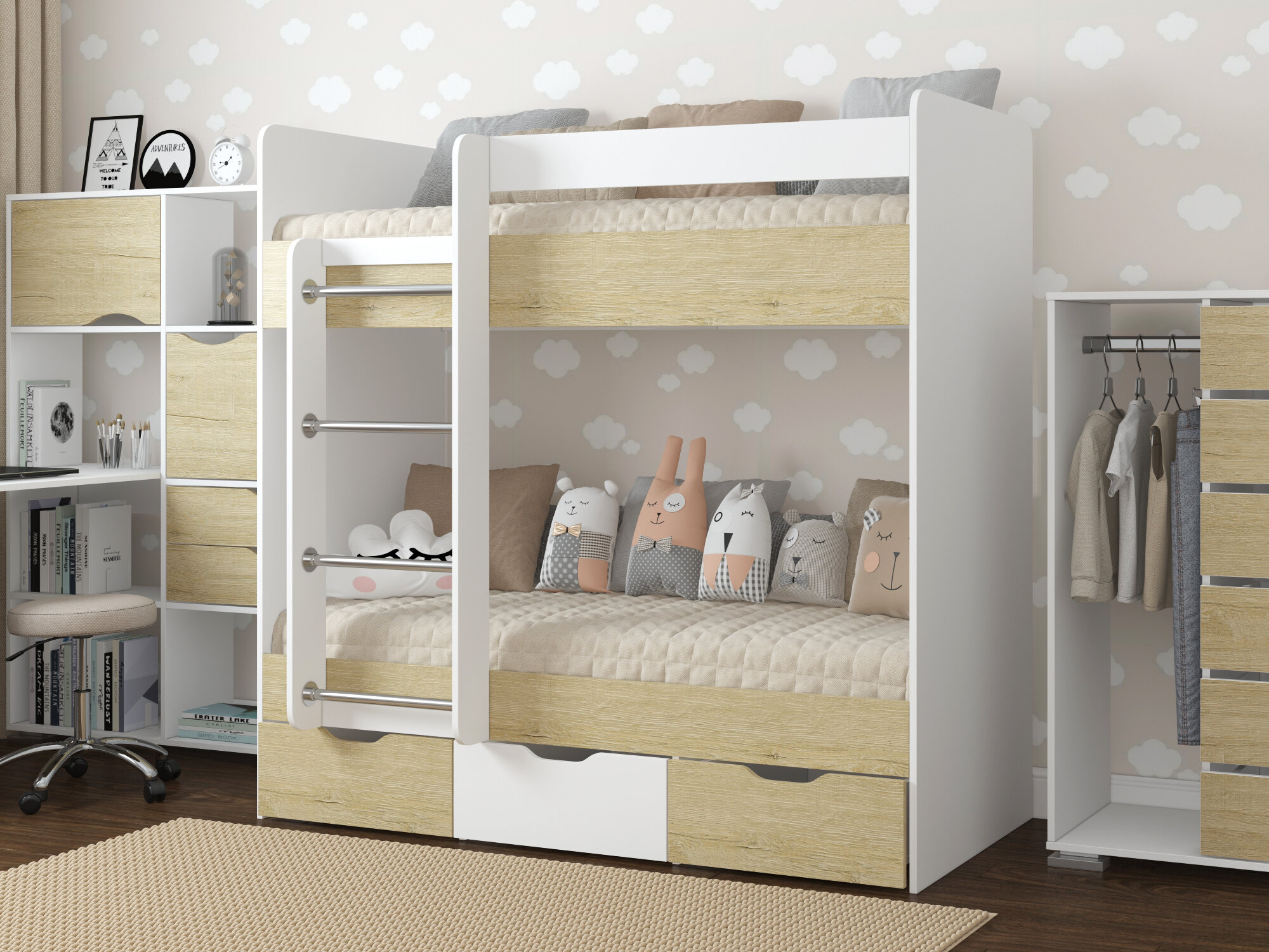 Кровать двухъярусная с ящиками Есэндвич tre Лаворо, 180х70 см (Белый/Пикард)