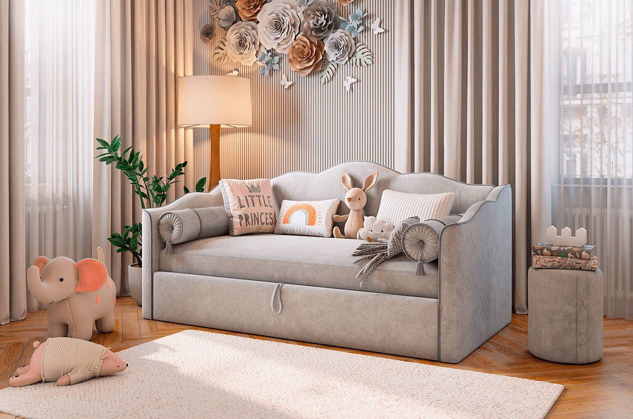 Кровать-софа "Лея К1" с матрасом и чехлом, велюр Галька/графит, 90х200 см, MEBELSON