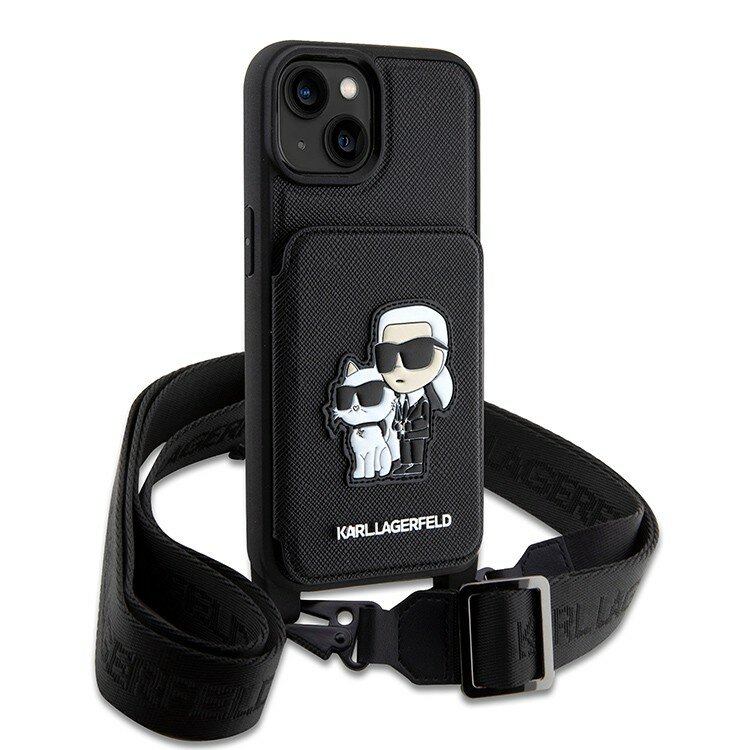 Karl Lagerfeld чехол с ремешком и картхолдером для iPhone 15, кроссбоди кожа Saffiano NFT Karl&Choupette черный