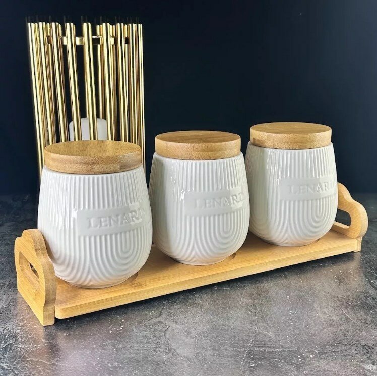 Набор из 3 банок 1000мл на подставке BAMBOO Фарфор 140-071 118-140-071