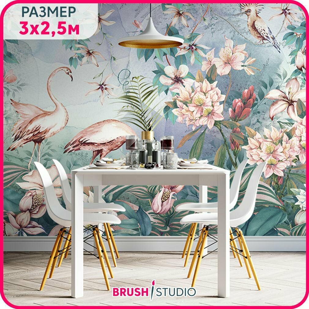 Фотообои птицы на стену MOBI DECOR "Фламинго в вечернем саду" моющиеся в спальню, в гостиную и на кухню 300x250 см.