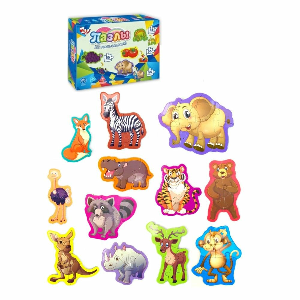 Развивающий макси пазл для малышей Дикие животные 55 элементов, 12 животных