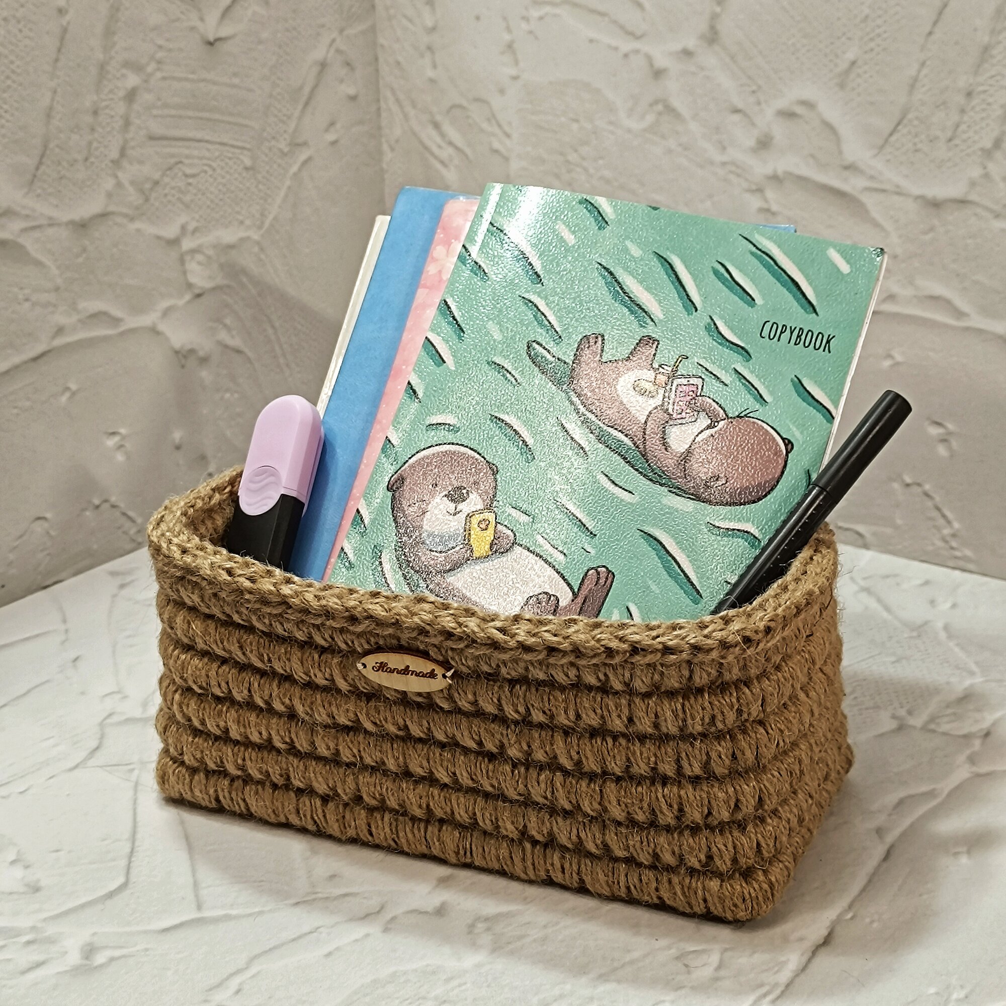 Прямоугольная узкая интерьерная корзинка для хранения из джута, 10*20 см, ручная работа