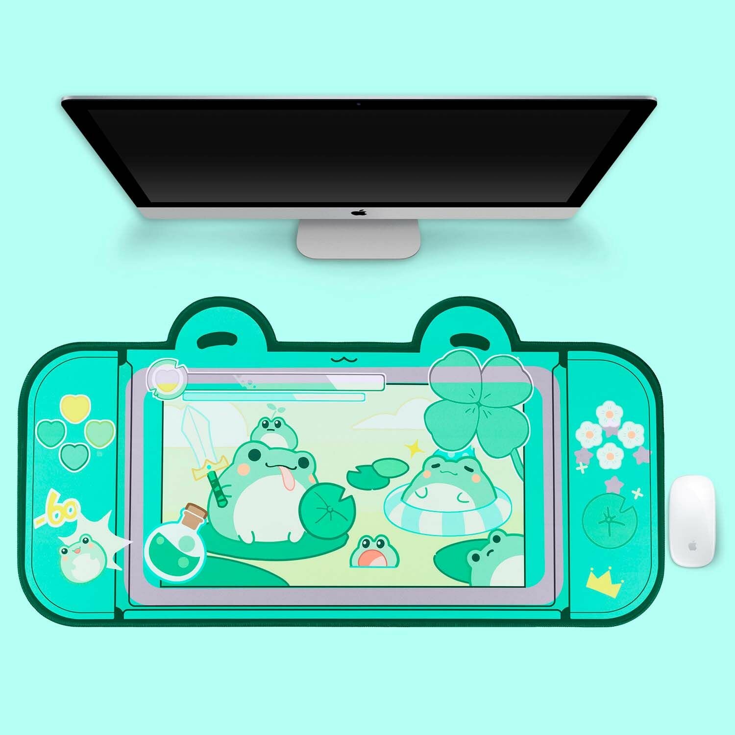 Компьютерный коврик для мыши Милая лягушка в лотосах бирюзовый