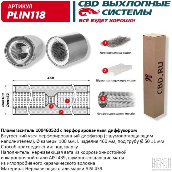 Пламегаситель Cbd с перфорированным диффузором, нержавеющая сталь, PLIN118