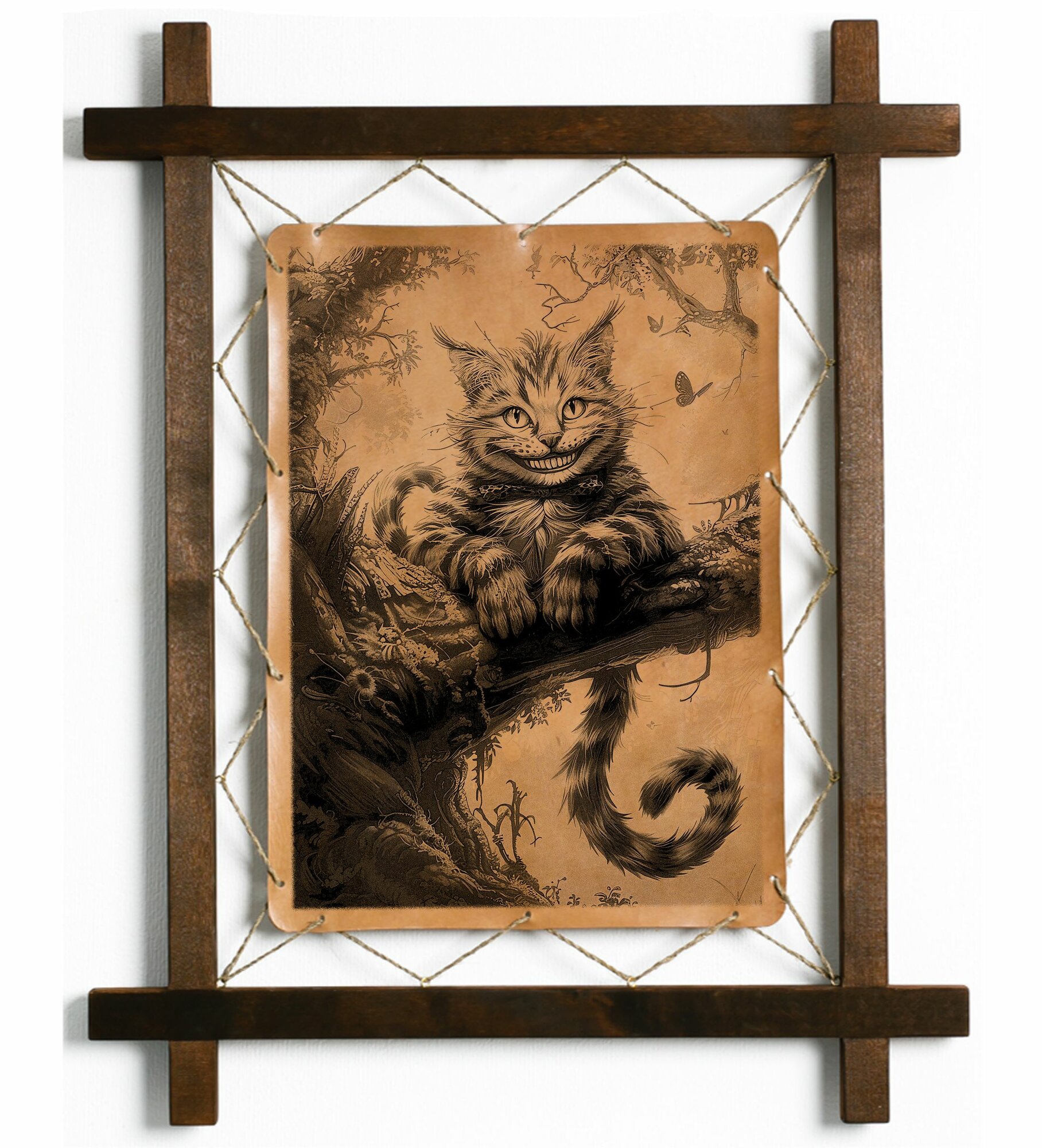 Интерьерная картина из натуральной кожи "Чеширский кот на дереве", декоративное настенное панно в деревянной раме, BoomGift