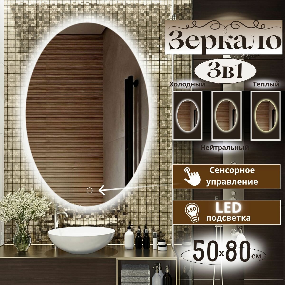 Зеркало настенное с подсветкой в ванную овальное 50х80 см сенсорное управление и 3 вида подсветки Mirror Planet