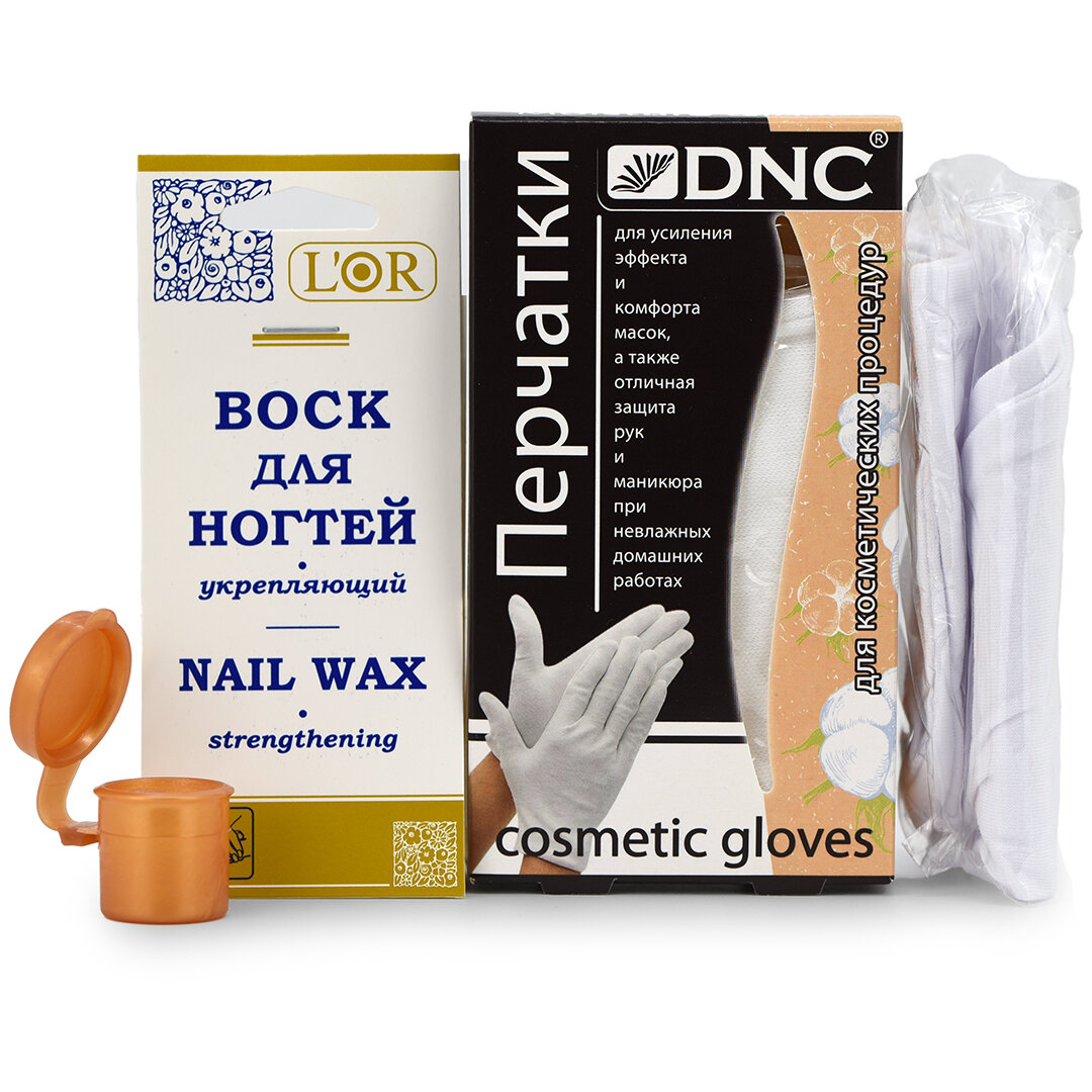 DNC Перчатки белые косметические; Воск для ногтей укрепляющий 5мл