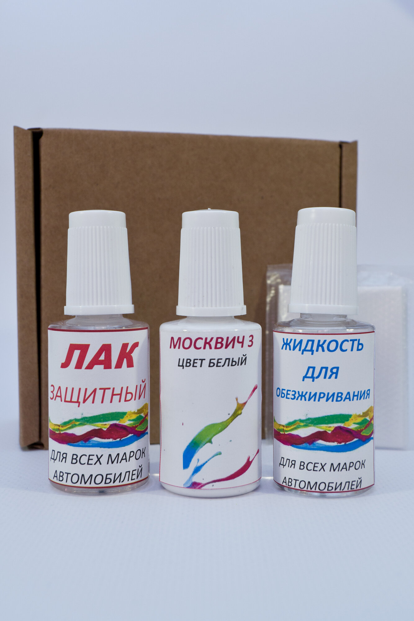 Подкраска для сколов во флаконе с кисточкой для Москвич Белый , краска+подложка+лак+обезжириватель 3 предмета