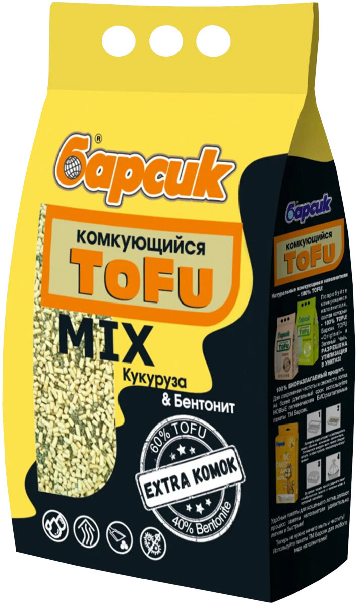 Барсик TOFU MIX кукуруза & бентонит наполнитель комкующийся для туалета кошек 4,54 л
