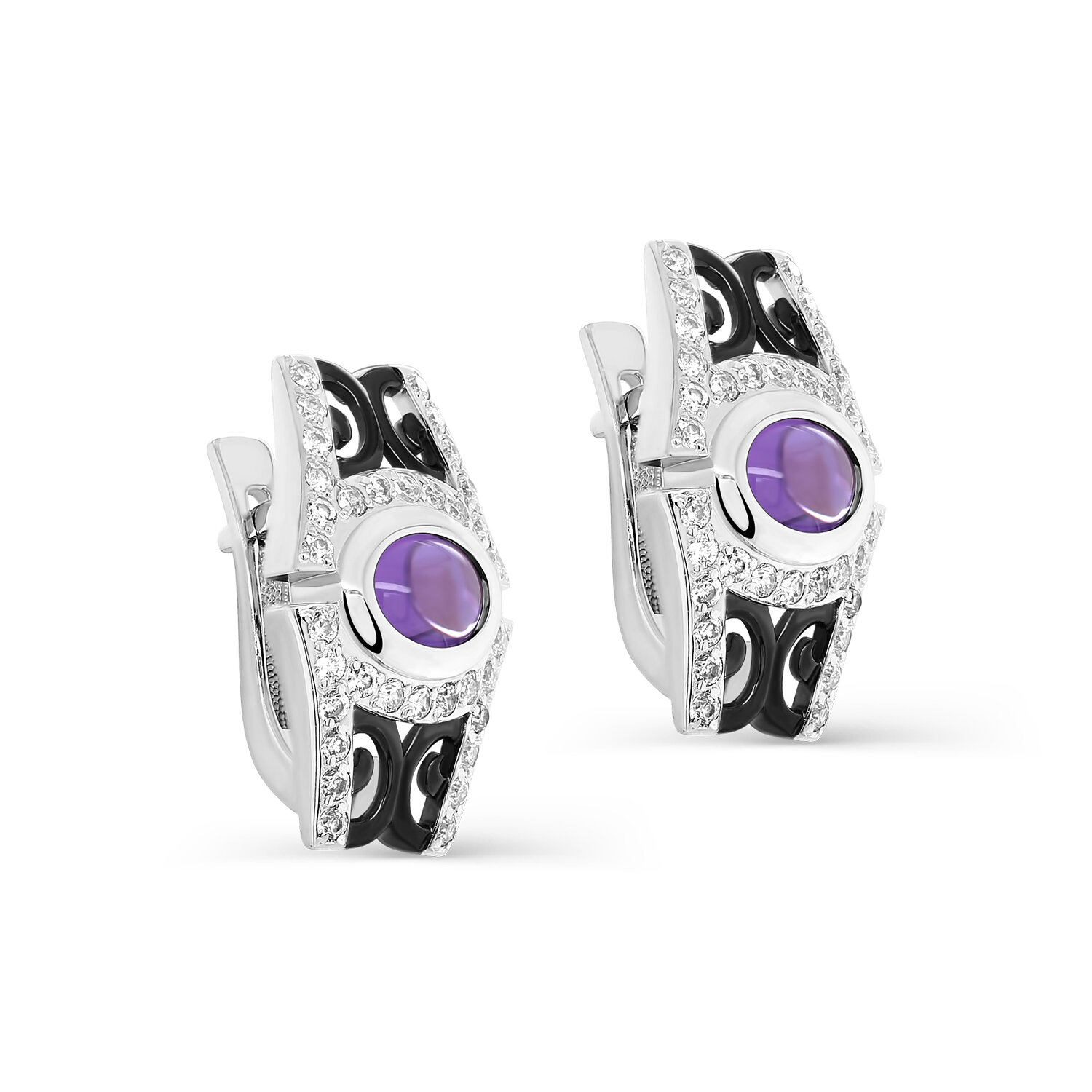 Серьги с подвесками, серебро, 925 проба, родирование, аметист, фианит