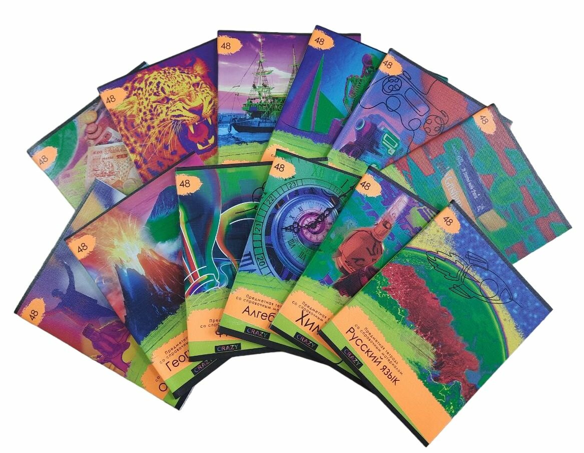 Комплект предметных тетрадей "крейзи" со справочным материалом, клетка/линейка - 12 шт / 48 листов