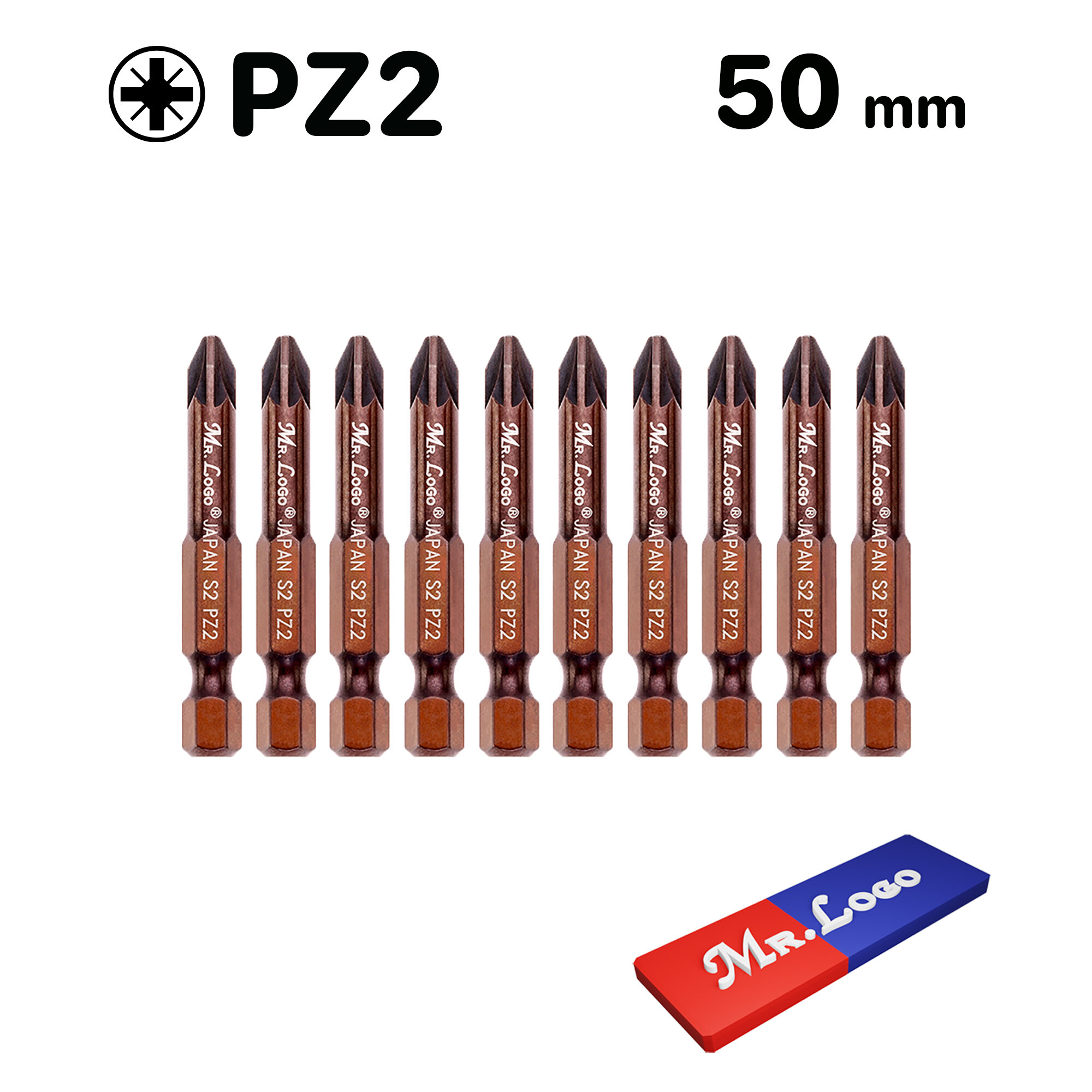 Биты для шуруповерта магнитные PZ2 x 50 мм Mr.Logo Сталь - Japan S2, 10 шт