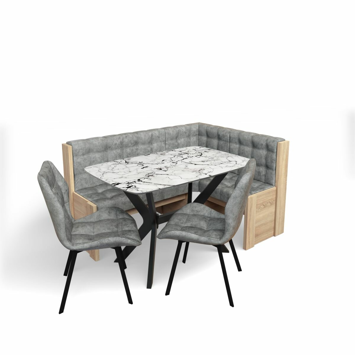 Кухонный набор Betel Скамья угловая Квадро + Стул Рим 2 шт. + Стол Неаполь СМ-1 Дуб сонома/велюр графит/черный/СМ-1