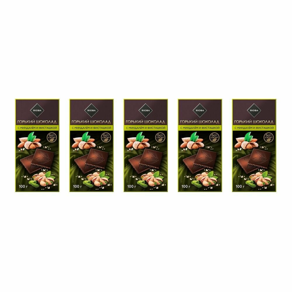 Rioba/ Шоколад горький миндаль, фисташка, 100 г, 5 шт