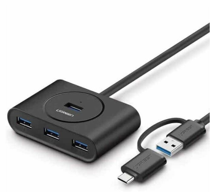 OTG-концентратор UGREEN 4xUSB-A 3.0, дополнительный адаптер Micro USB,1м, черный, CR113 (40850)