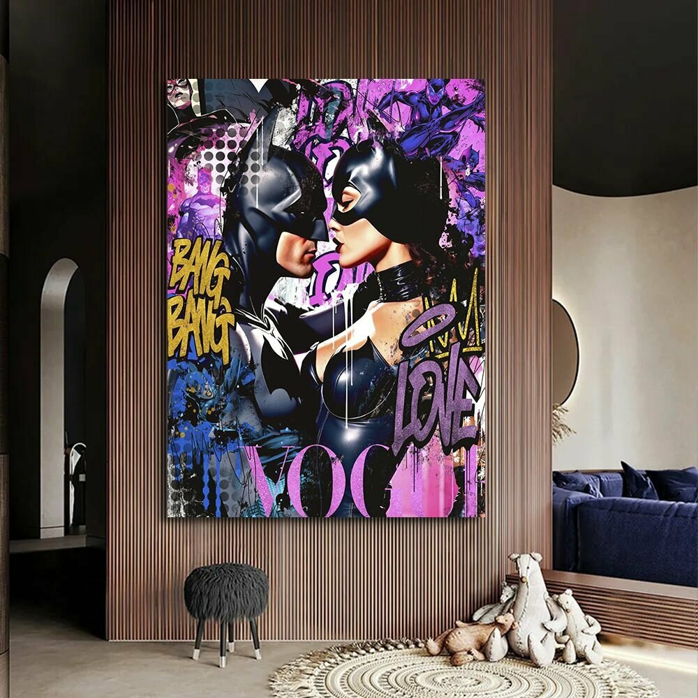 Картина "Бэтмен и женщина-кошка", 20x30см, на подрамнике, дерево, холст