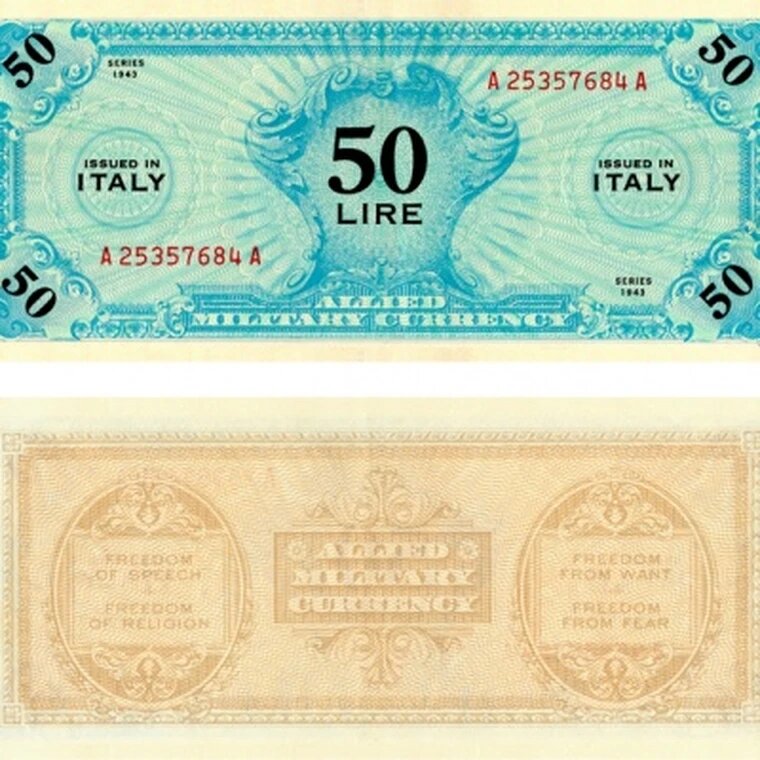 Италия 50 лир 1943 военное командование, сувенирная копия, банкноты и купюры редкие коллекционные