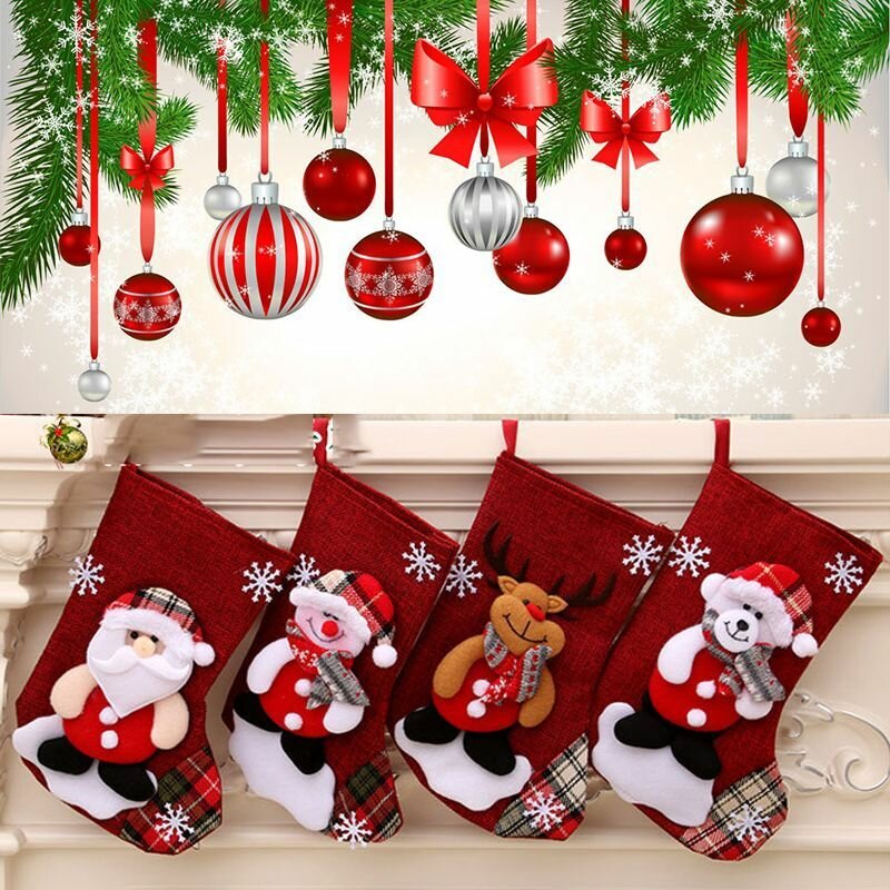 Набор рождественских чулков для камина из 4 штук праздничное украшение дома, подарки и сладости, уютный декор для Нового года и Рождества