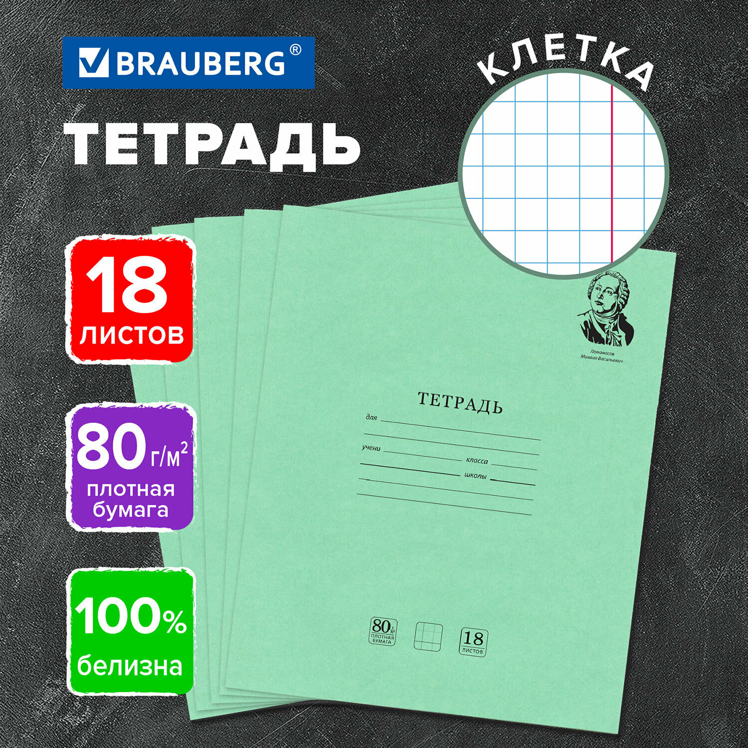 Тетрадь BRAUBERG великие имена, 18 л, клетка, плотная бумага 80 г/м2, обложка тонированный офсет, 106978, 20шт