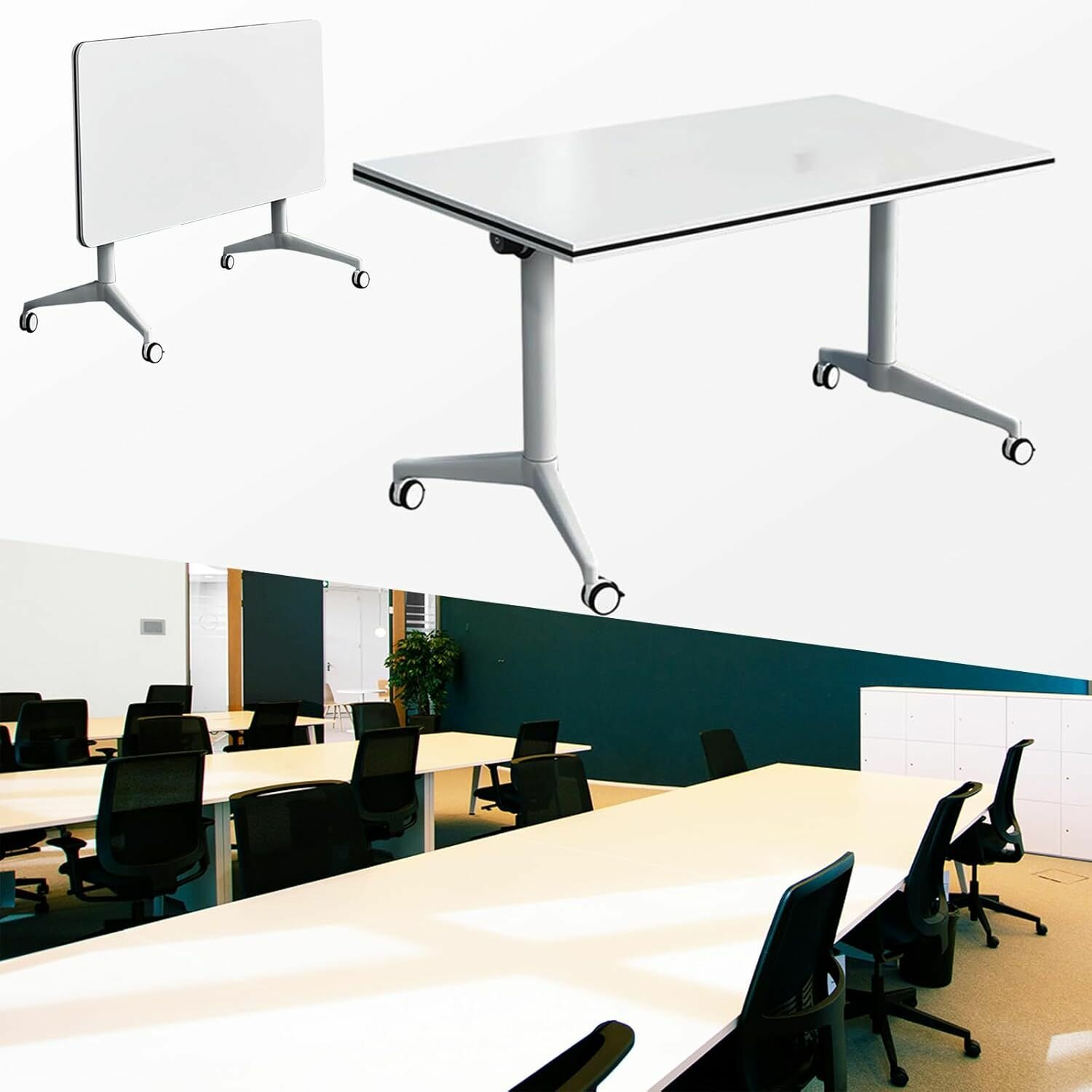 Складной конференц-стол прямоугольный, алюминиевый каркас, деревянная столешница, складной офисный стол на колёсах, 120х50 см, универсальный стол для переговоров и обучения