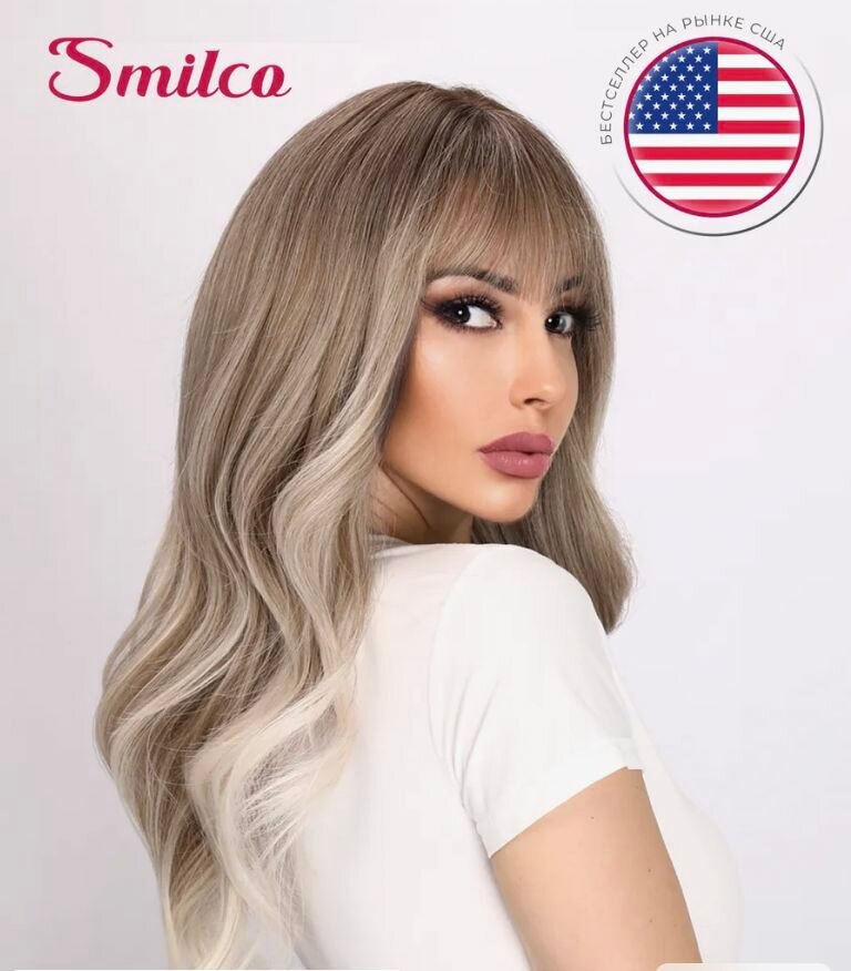 Парик длинный с челкой русо-платиновый блонд