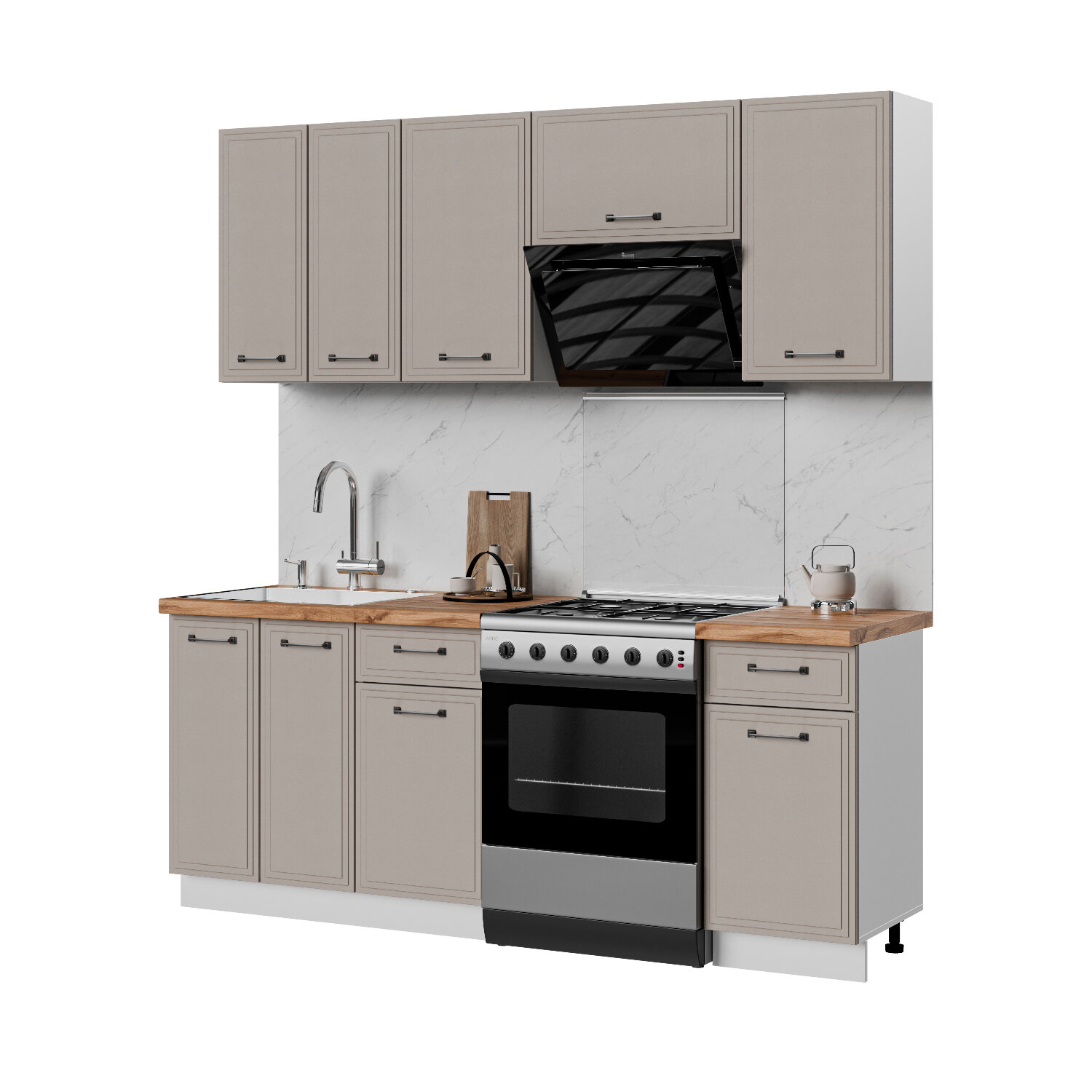 Кухонный гарнитур, столешница Дуб Вотан 38мм, Кухня Индира 200см Белый/Дюна