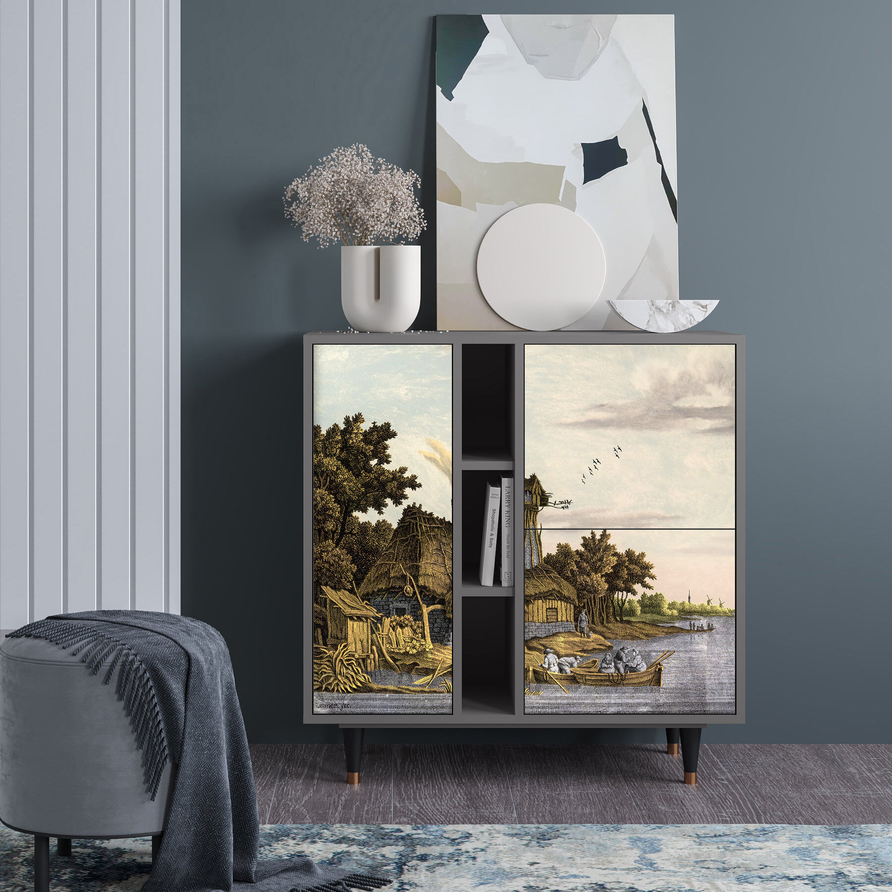 Комод - STORYZ - BS5 Mill along a River by Jonas Zeuner, Размер - 94 x 96 x 41 см, Цвет корпуса - , Серый