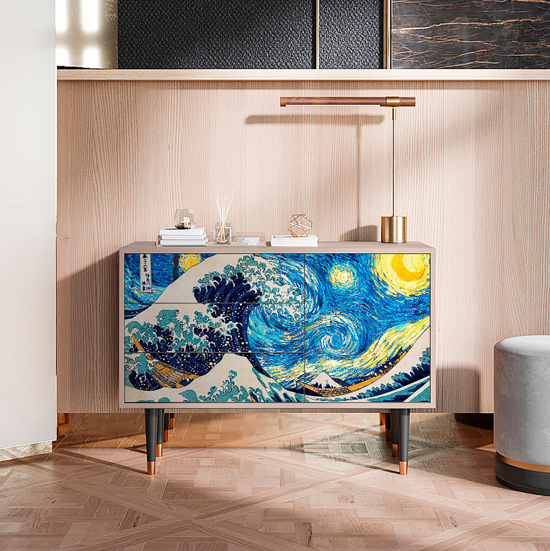 Комод - STORYZ - S3 The Great Wave off Kanagawa by Hokusai, Размер - 115 x 84 x 41 см, Цвет корпуса - , Бежевый