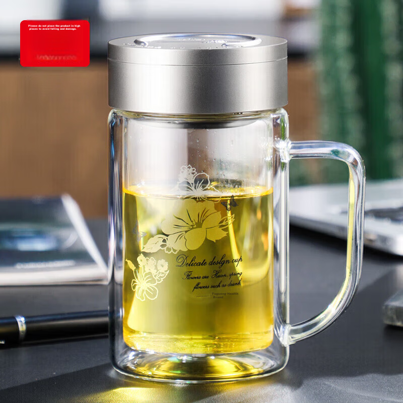Fuguang Double-Layer Glass Cup, Business Tea Cup, Large Capacity, Heat-Resistant Office Water Cup, with Filter And Handle, Silver, 320ml