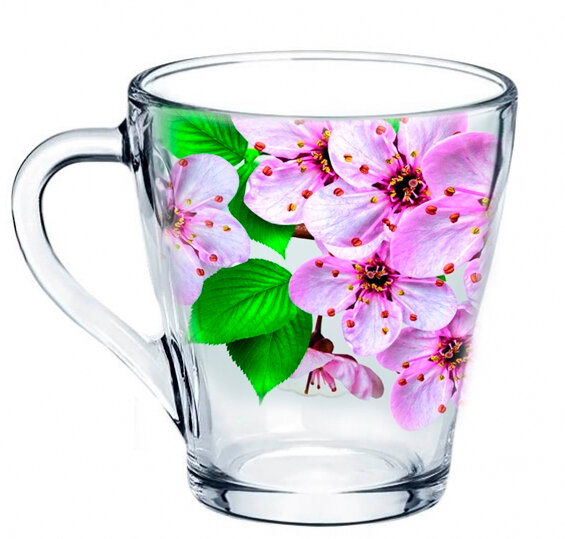 4 x Кружка для чая 250мл. арт. 1649-Д (Живая природа. Сакура) Стекло декостек (Комплект из 4 штук)