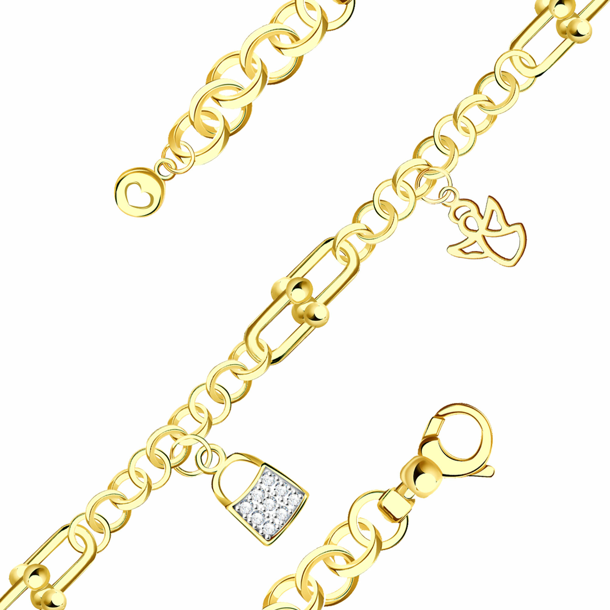 Браслет, серебро, 925 проба, золочение, оникс, фианит