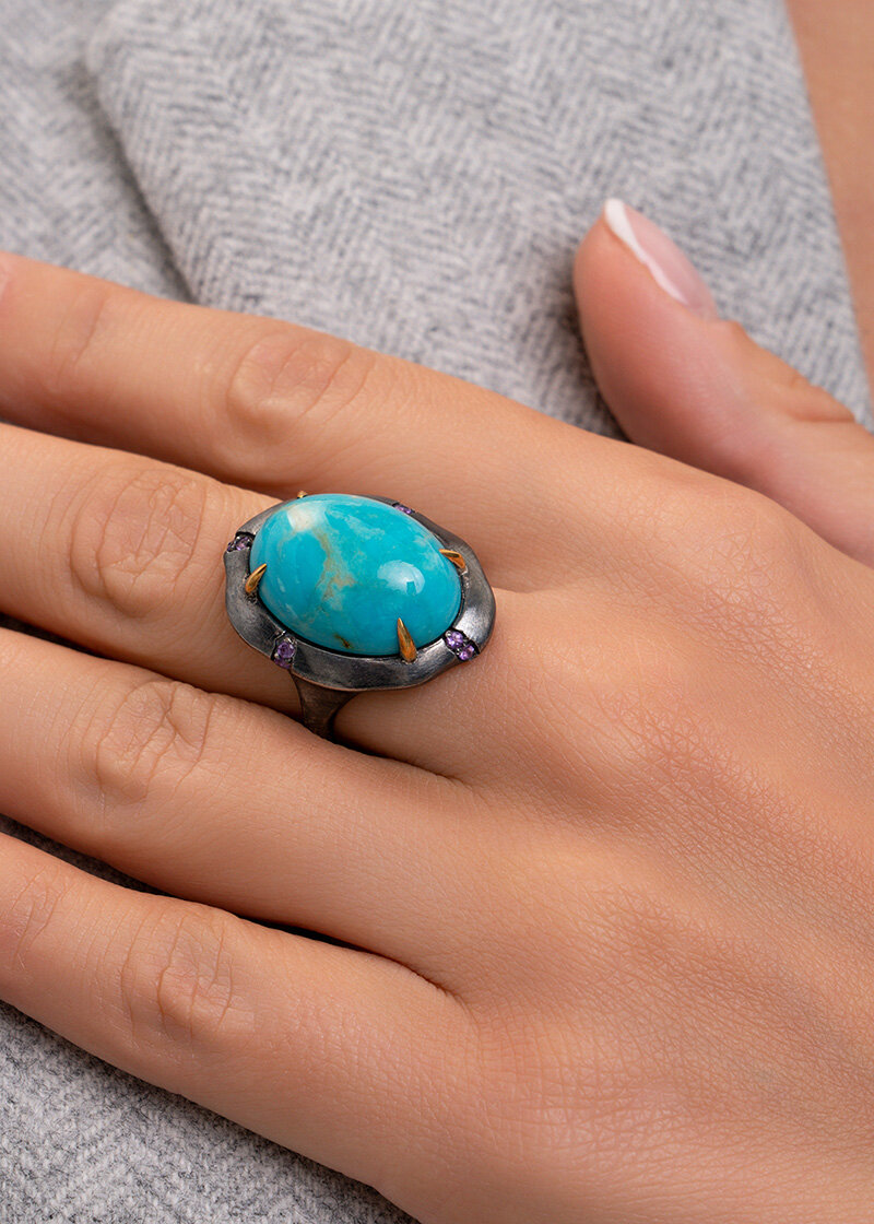 Кольцо, серебро, 925 проба, чернение, аметист, бирюза