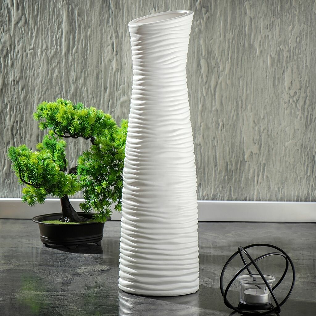 Ваза для сухоцветов керамическая настольная белая Ребристая JC-11813, высота 50 см, декор для дома