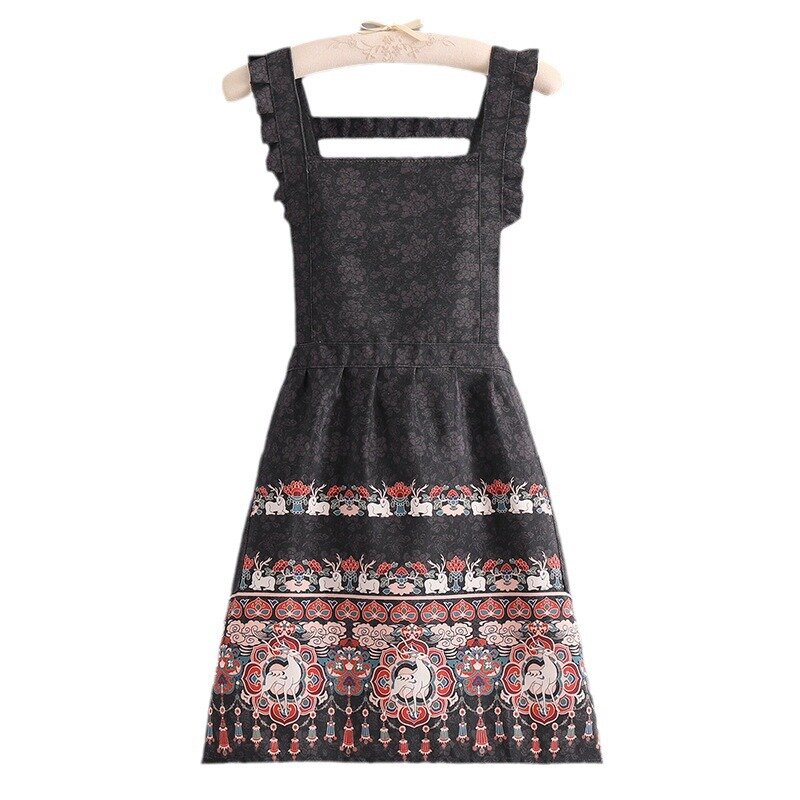 Фартук в этническом стиле для женщин, дышащий холщовый кухонный фартук с рюшами на бретелях и традиционным узором, стильный фартук с защитой от пятен для домашней готовки, повседневного использования или работы в качестве униформы