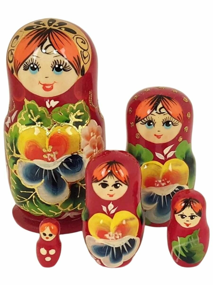 Матрешка 5 предметов "Цветочная" малая с поталью (красная) (17203), Вятская матрешка, ручная авторская работа